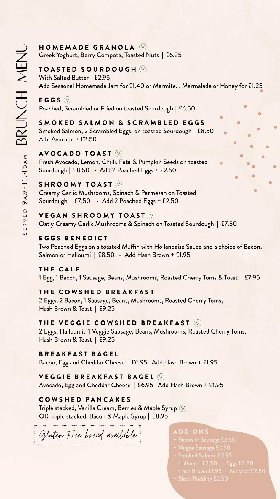 Menu at The Cowshed Dorset cafe, Poole