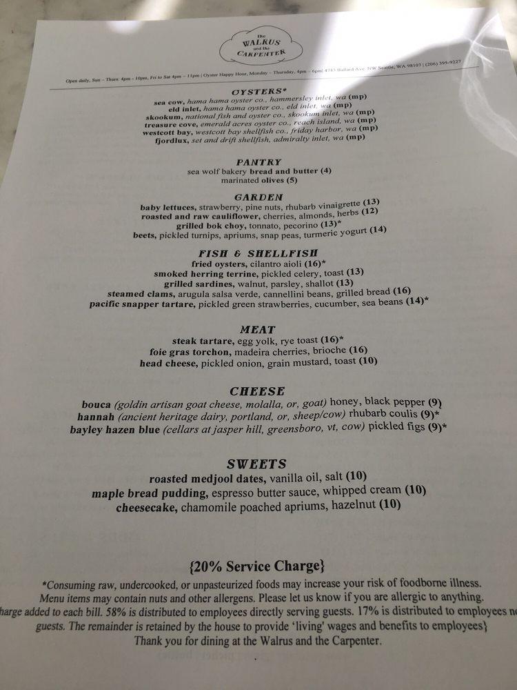 Menu at The Walrus and the Carpenter restaurant, Seattle