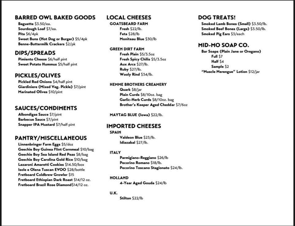 Menu at Barred Owl Butcher & Table, Columbia