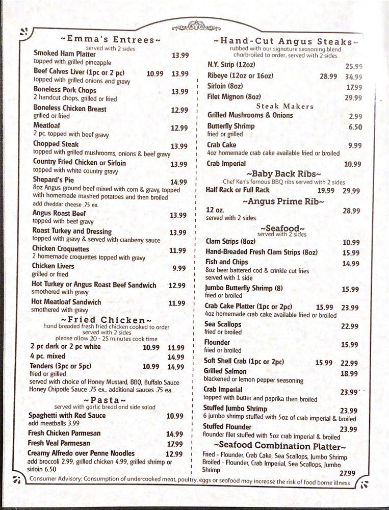 Menu at Emma's Family Restaurant, Greenwood