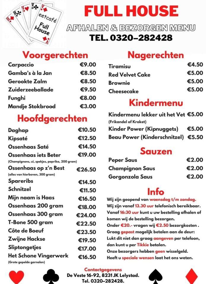 Menu at Full House Pub, Lelystad