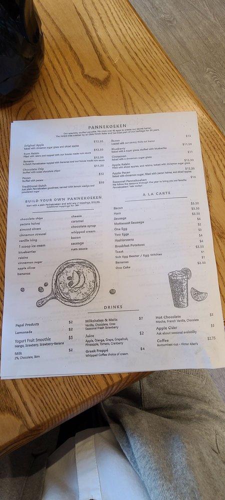 Menu at Hollandberry Pannekoeken cafe, Rochester
