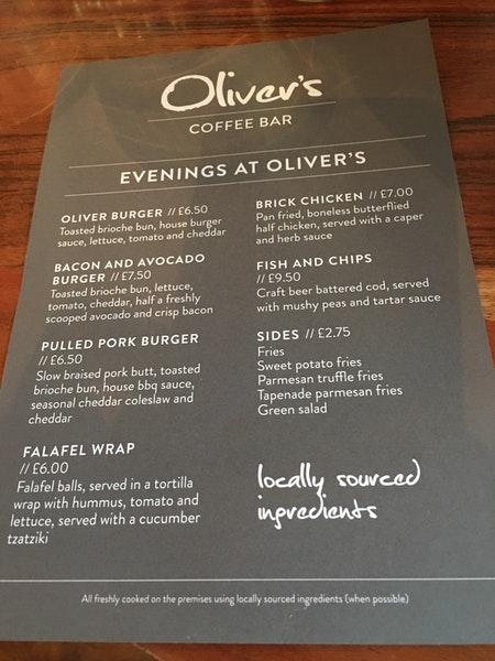 Menu at Oliver's Belmont Road cafe, Belfast, 59 Belmont Rd