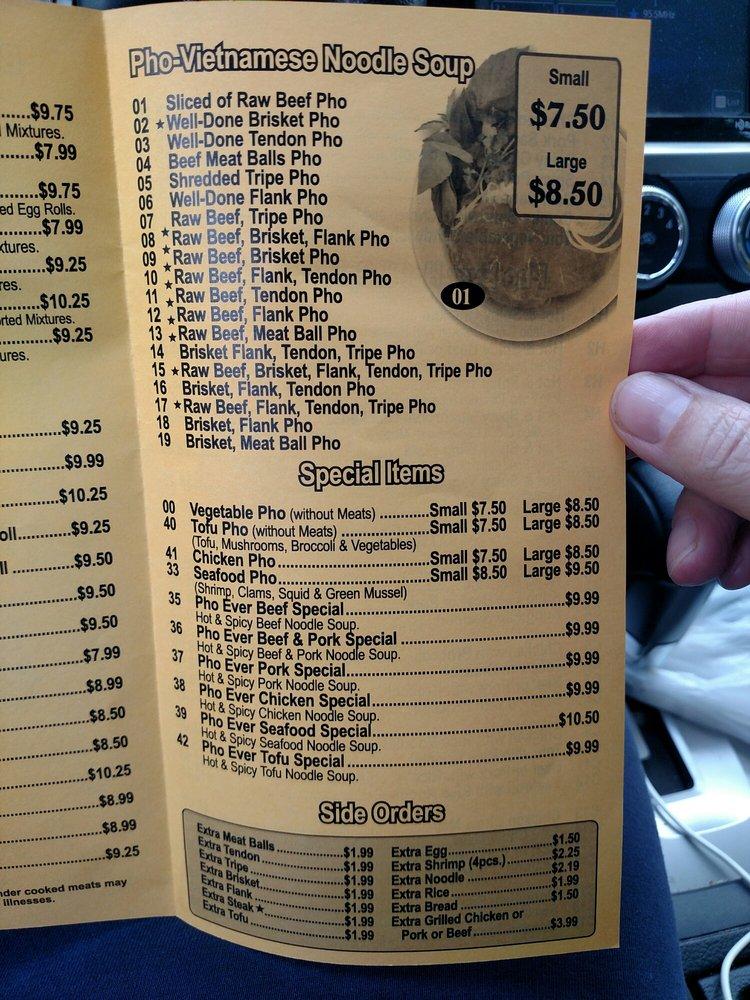 Menu at Pho Ever Vietnamese Cuisine restaurant, Longview