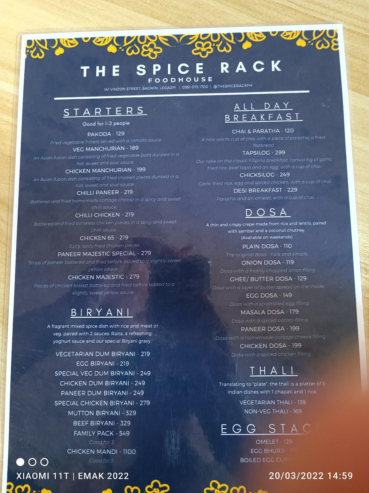 Menu at The Spice Rack Food House restaurant, Legazpi City