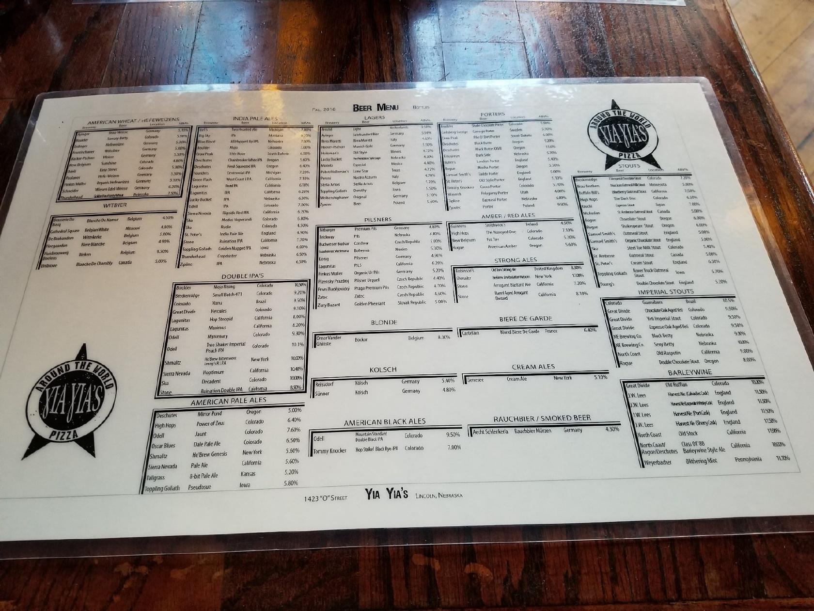 Menu at Yia Yia's pub & bar, Lincoln, O St
