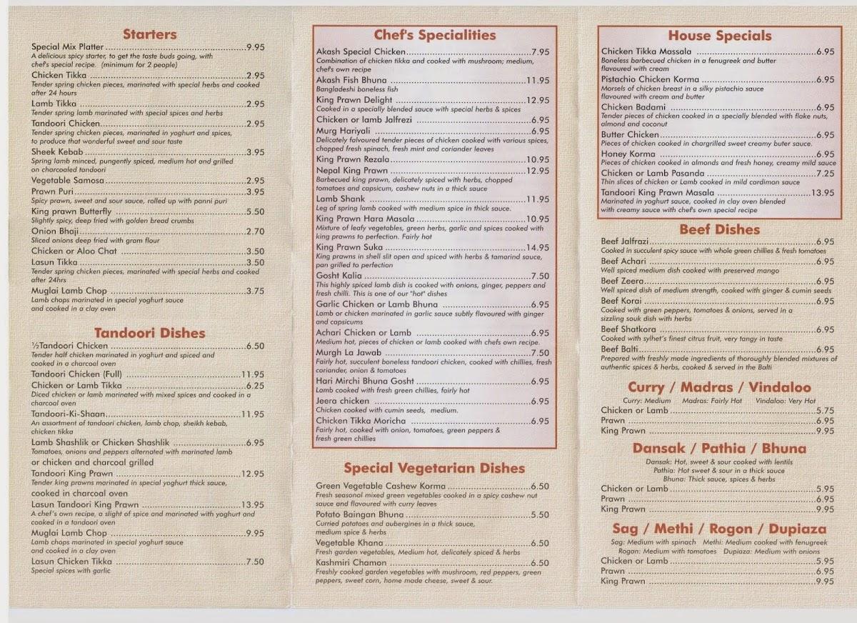 Menu at Akash Tandoori restaurant, Radlett, 195 Watling St
