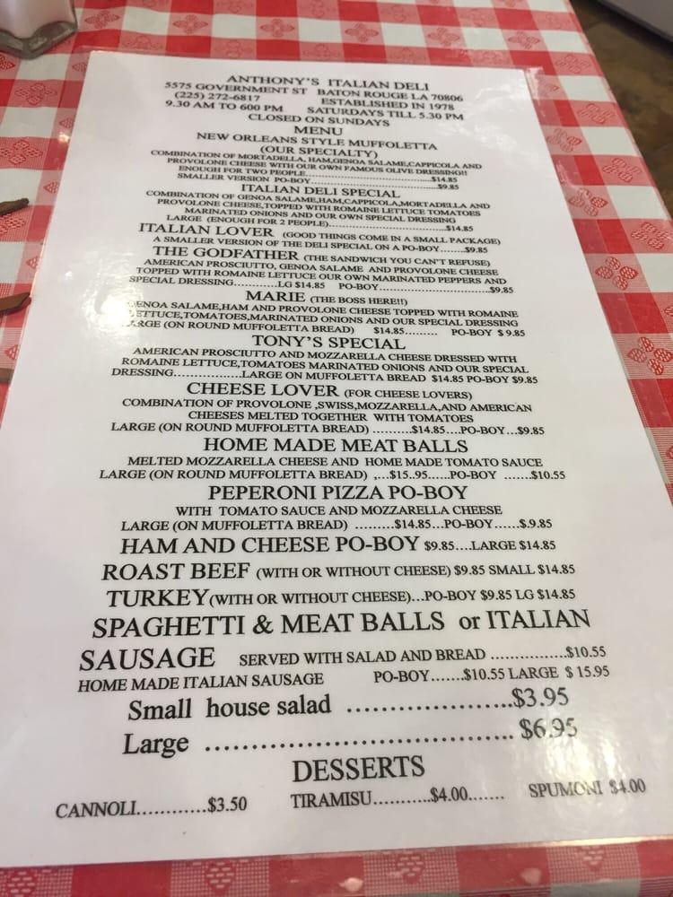 Menu at Anthony's Italian Deli restaurant, Baton Rouge, Government St
