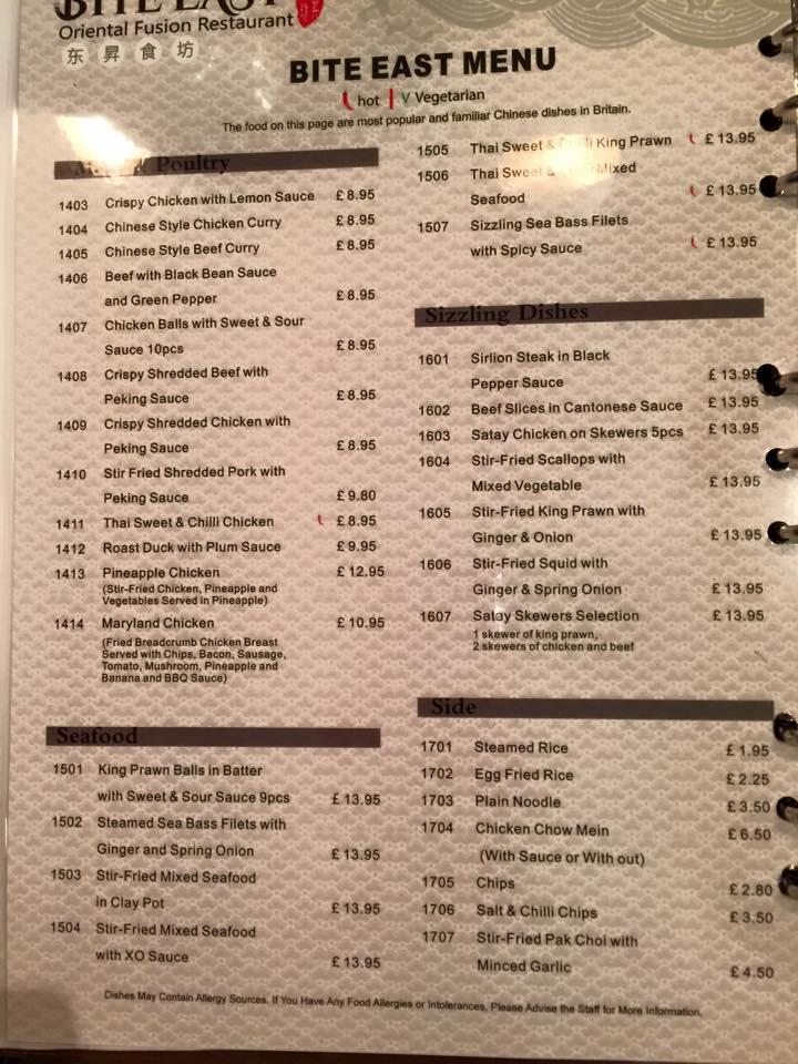 Menu at Bite East restaurant, Stirling