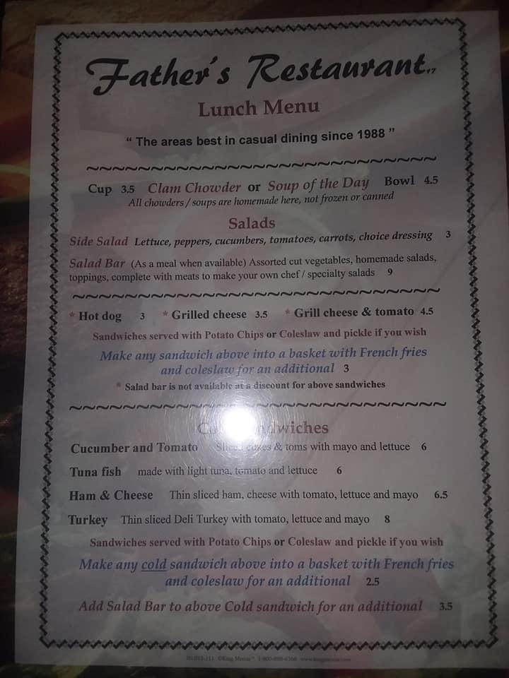 Menu at Father's restaurant, Westminster
