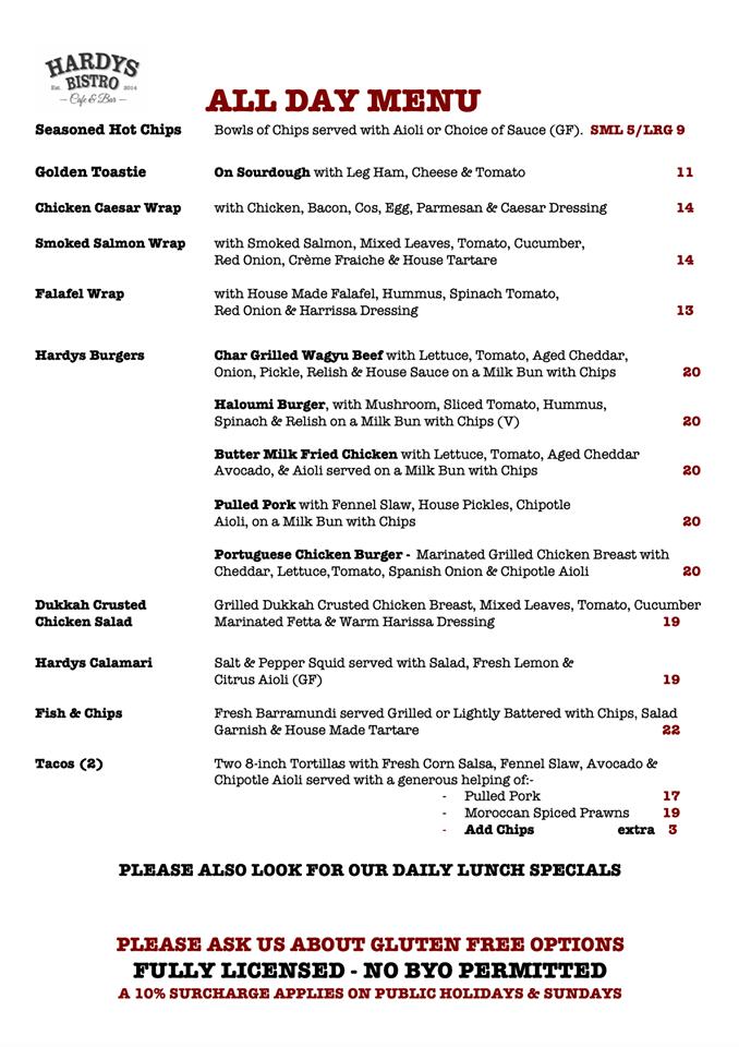 Menu at Hardy's Bistro pub & bar, Killcare