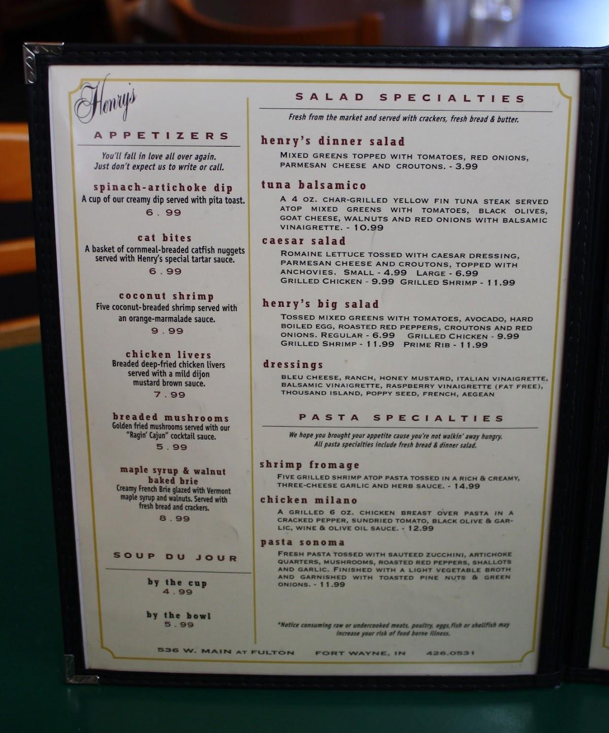 Menu at Henry's Restaurant, Fort Wayne