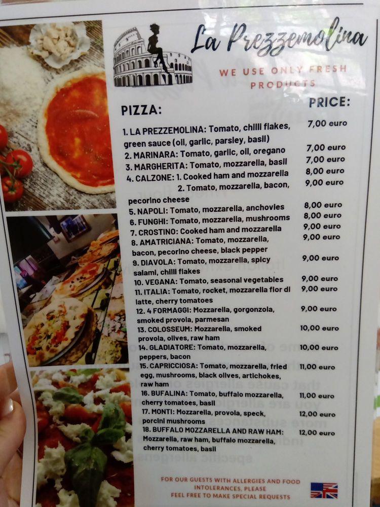 Menu at La Prezzemolina pizzeria, Rome