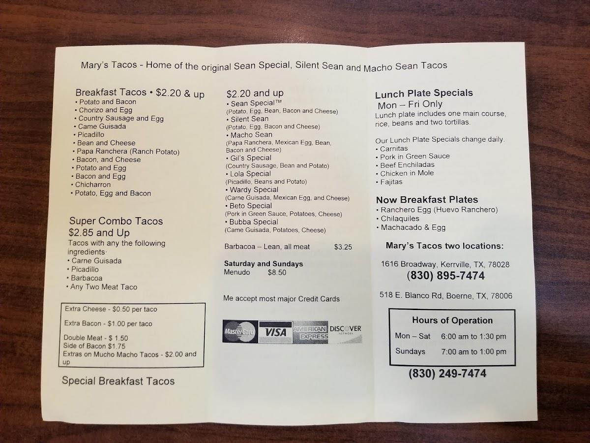 Menu at Mary's Tacos restaurant, Boerne