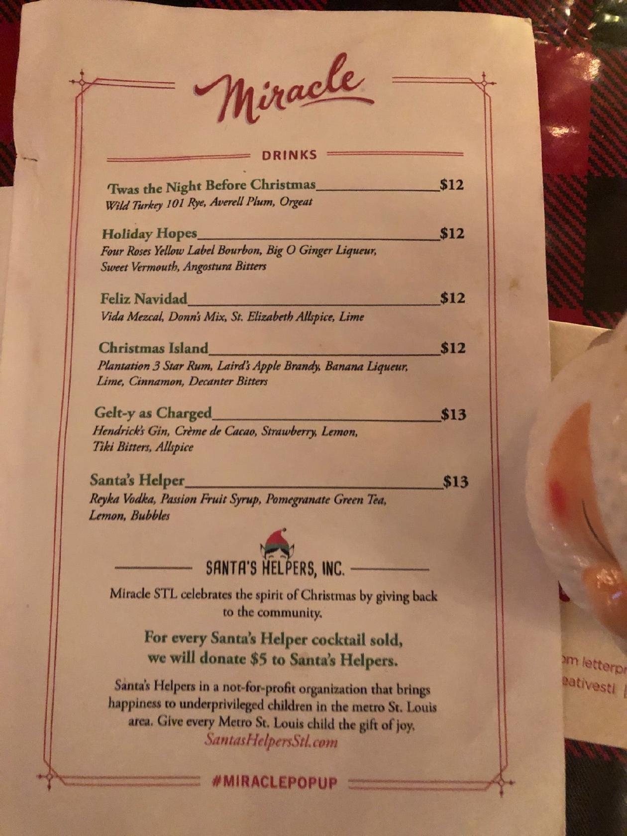 Menu at Miracle StL pub & bar, St. Louis