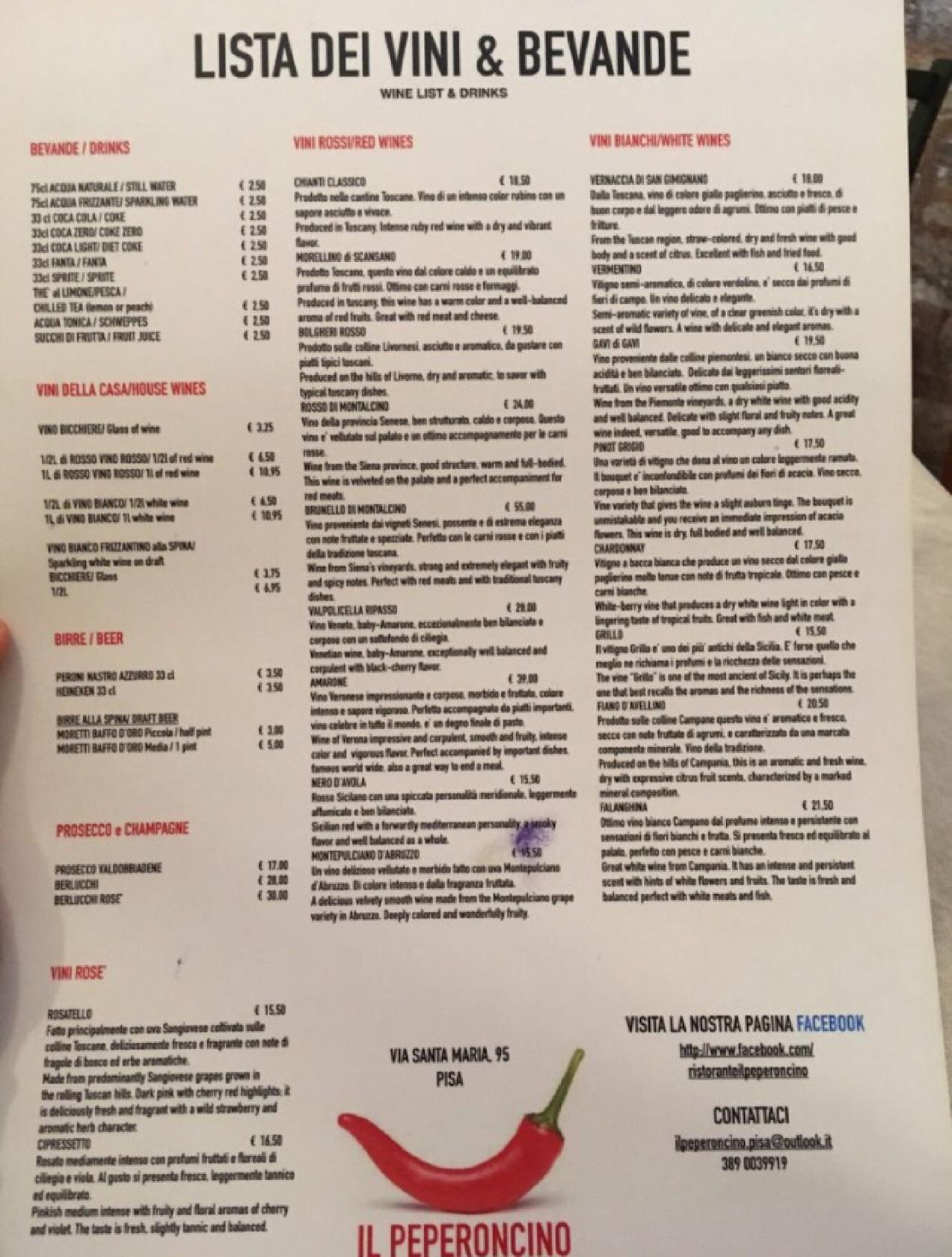 Menu at Il Peperoncino restaurant, Pisa