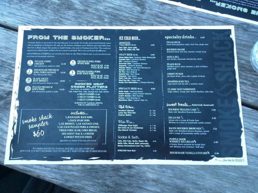 Menu at Smoke Shack BBQ, Milwaukee, 332 N Milwaukee St