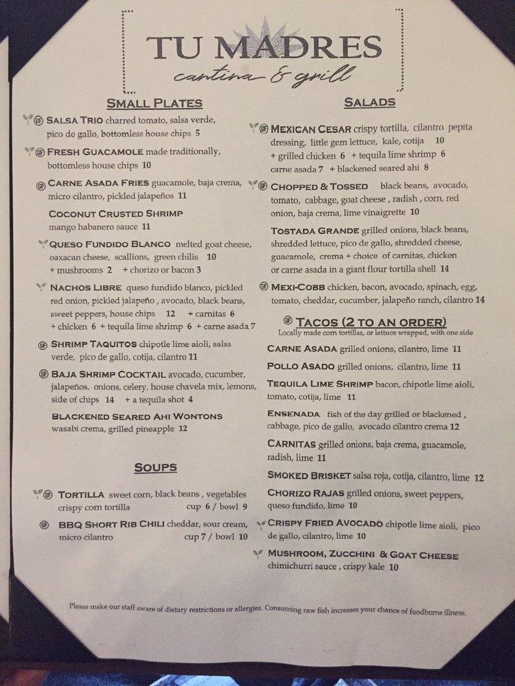 Menu at Tu Madres Cantina & Grill pub & bar, Indio