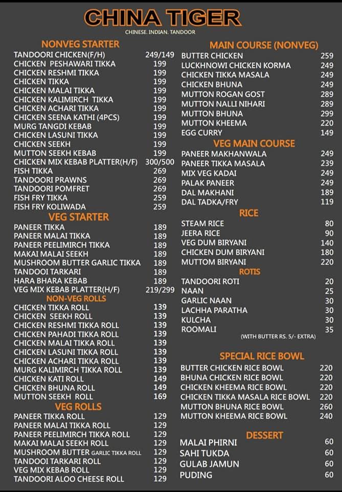 Menu at China Tiger, Mumbai