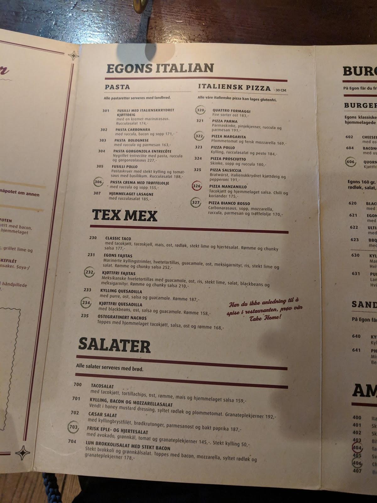 Menu at Egon restaurant, Lillehammer, Elvegata 12