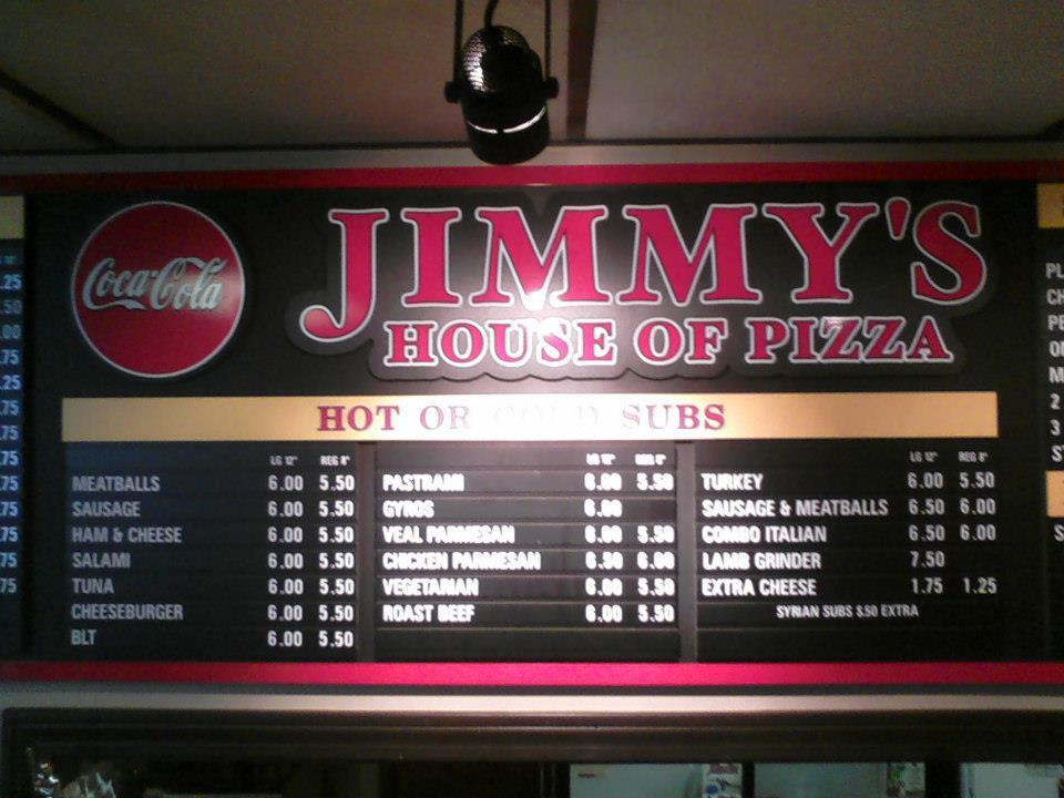 Menu at Jimmy's House of Pizza pizzeria, Manchester