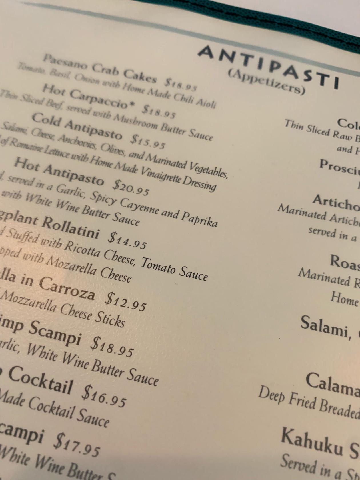 Menu at Paesano Ristorante Italiano restaurant, Aiea