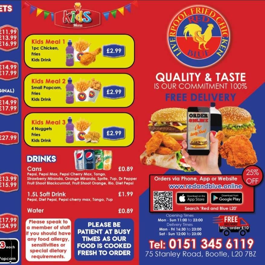 Menu at Red & Blue Fried Chicken fast food, Bootle