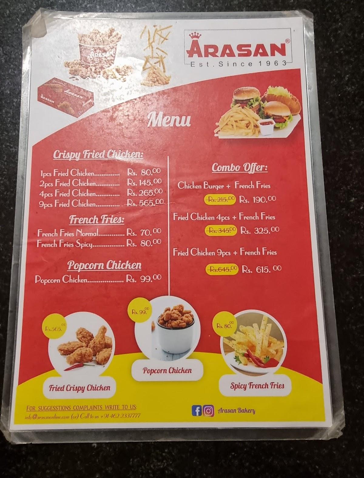 Menu at Arasan Bakery, Tirunelveli, 2F