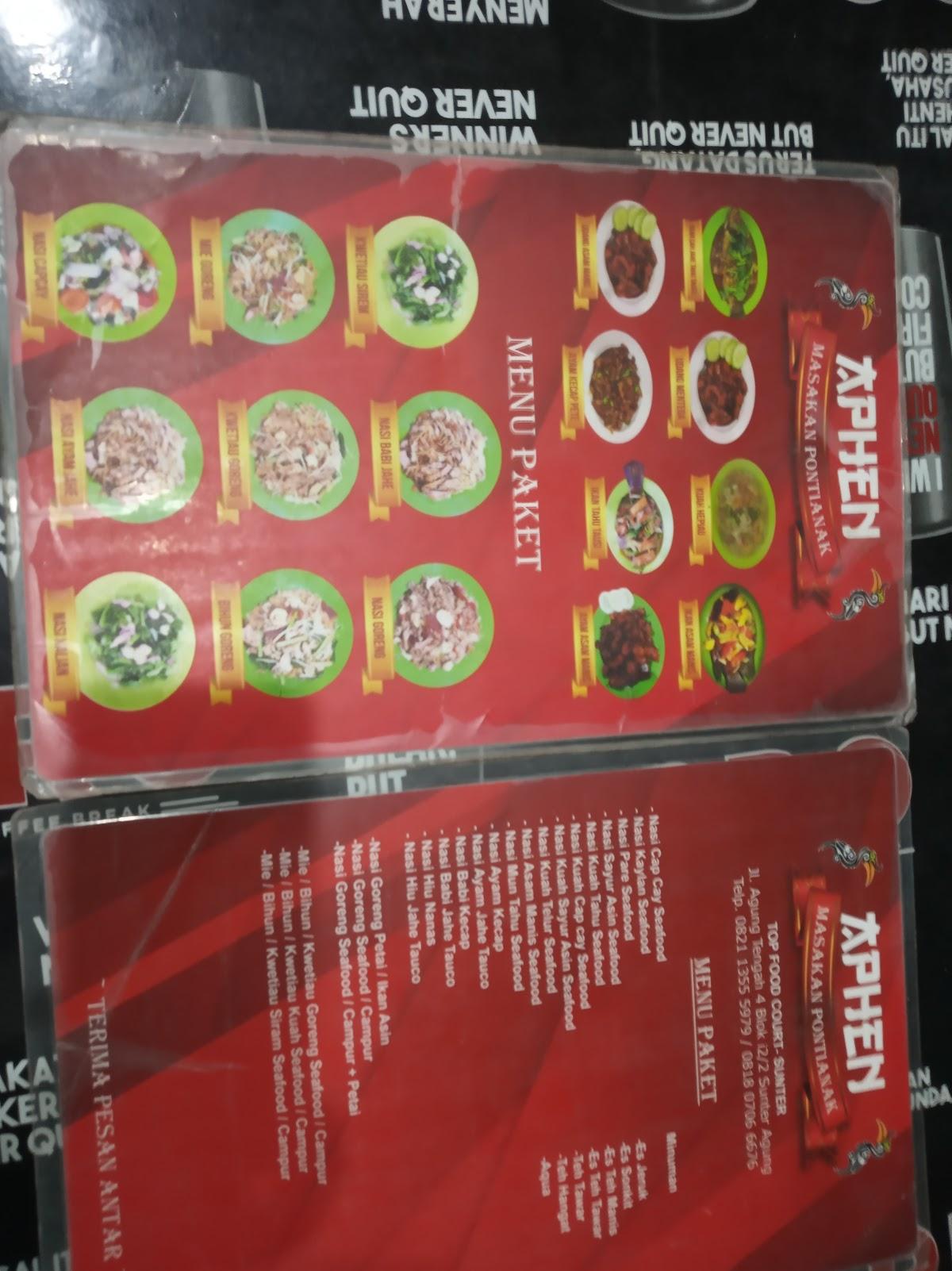 Menu at Aphen makanan pontianak restaurant, North Jakarta