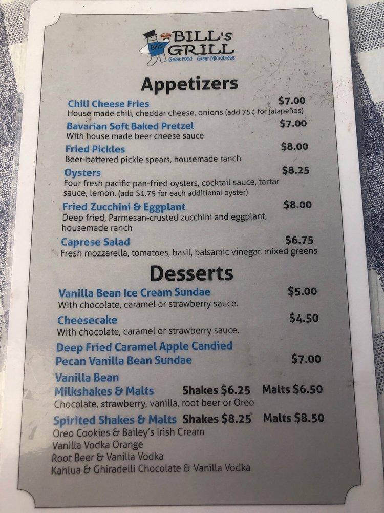 Menu at Bill's Grill restaurant, Prescott