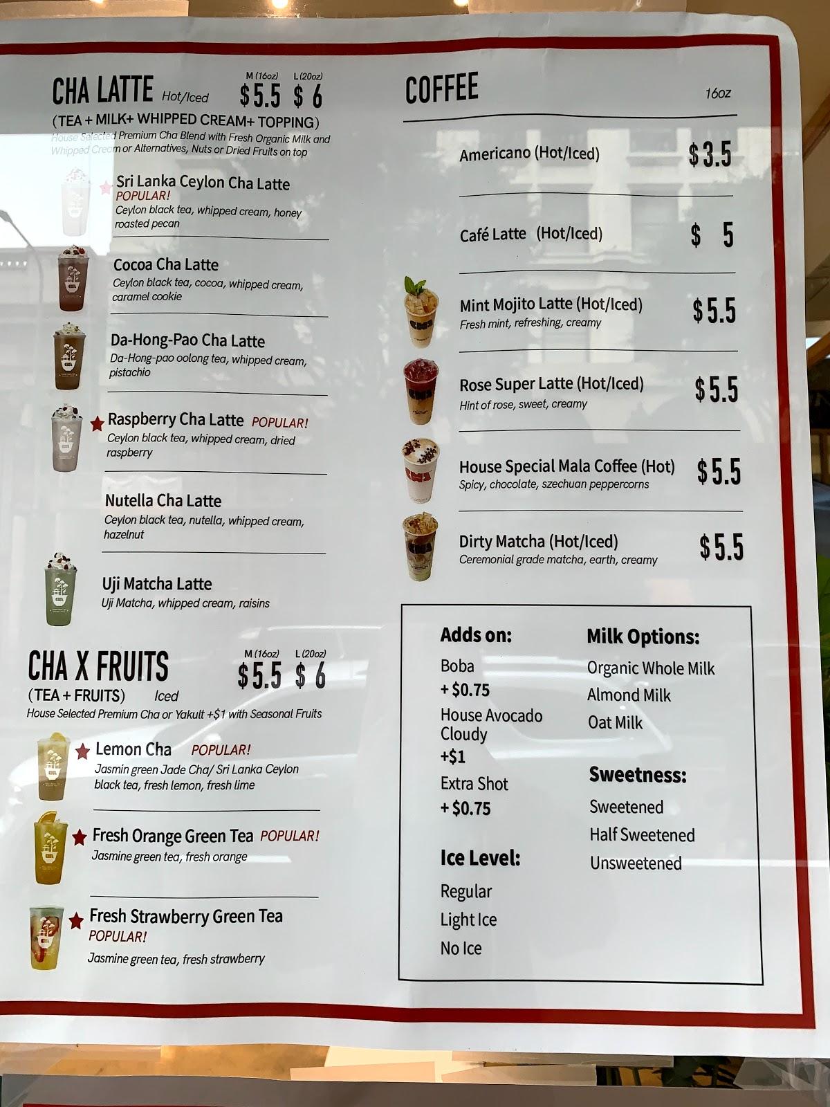 Menu at Cha Redefine, Los Angeles