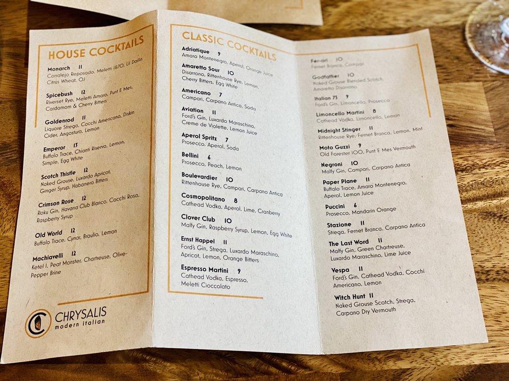 Menu at Chrysalis Modern Italian restaurant, Franklin