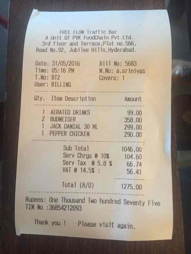 Menu at Free Flow - Traffic Bar, Hyderabad, Plot 566