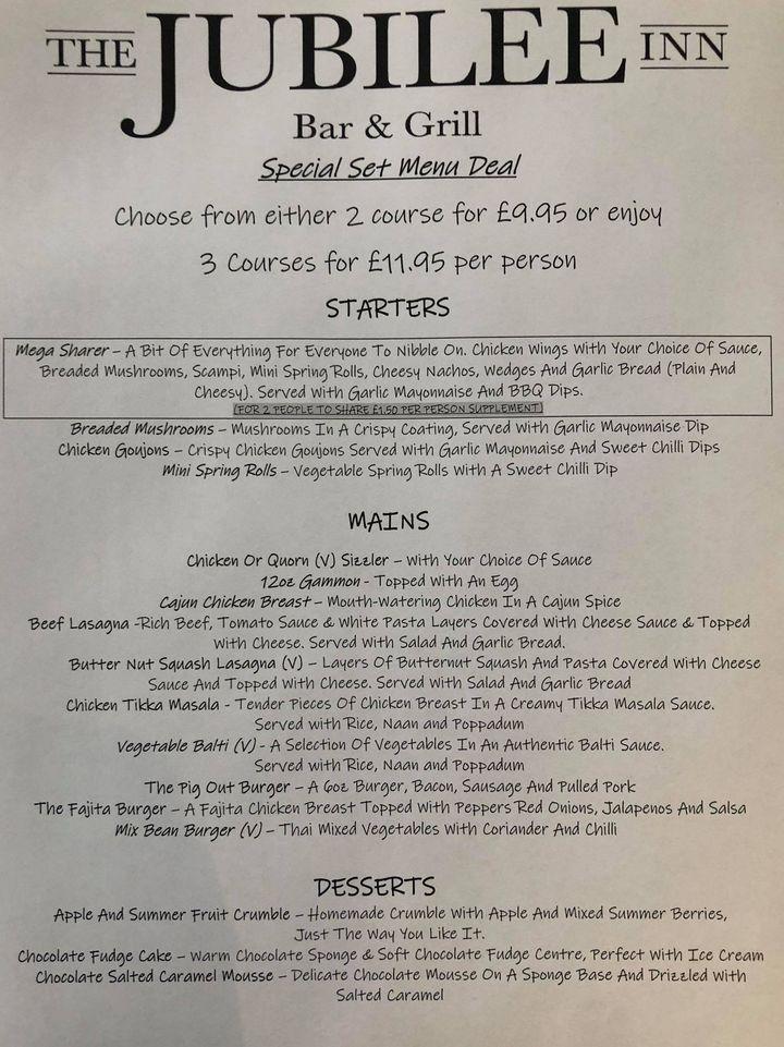 Menu at Jubilee Inn pub & bar, Studley