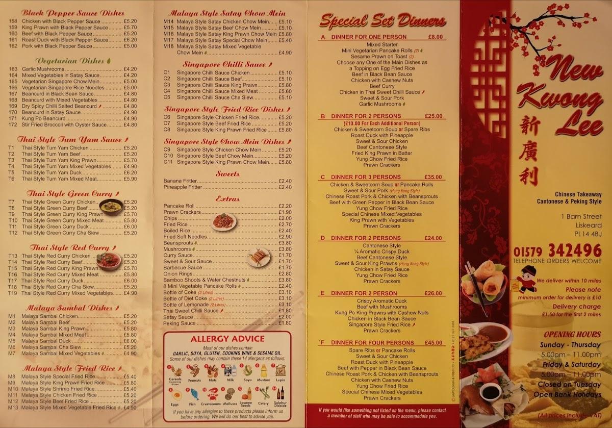 Menu at New Kwong Lee fast food, Liskeard