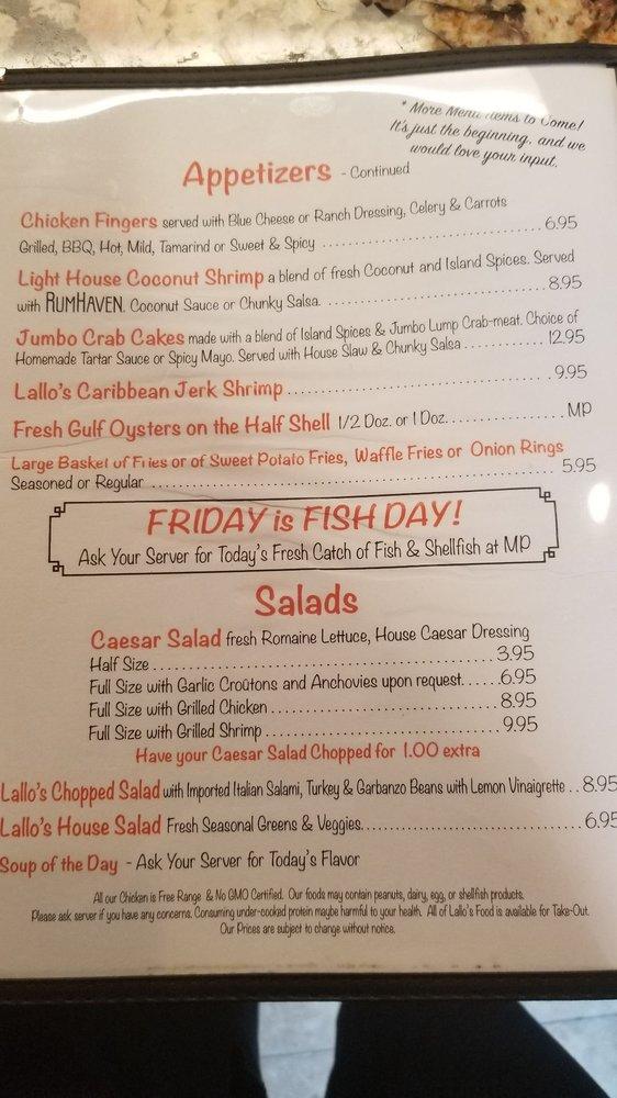 Menu at Lallos restaurant, Lauderhill