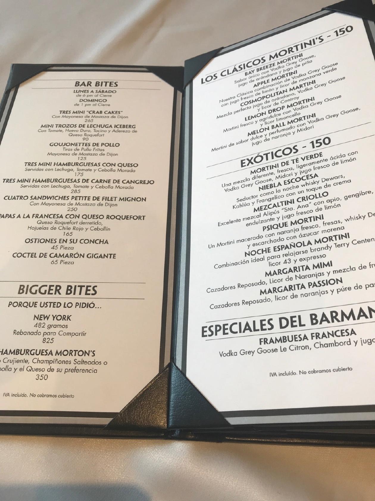Menu at Morton's steakhouse, Ciudad López Mateos
