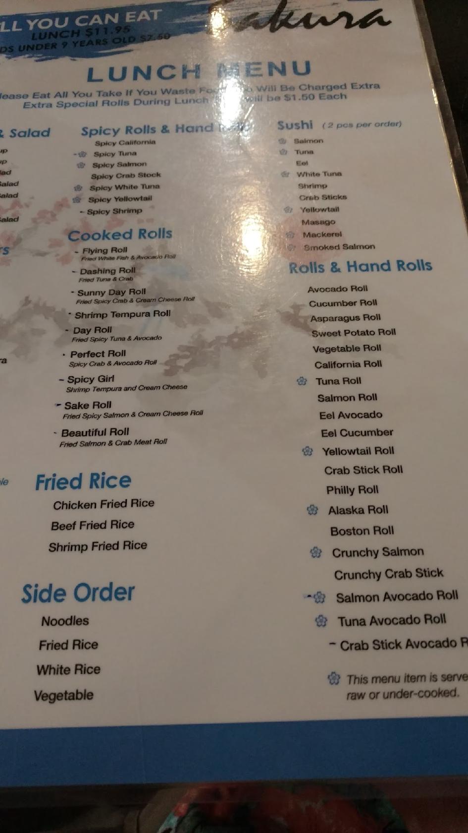 Menu at Sakura restaurant, Moyock