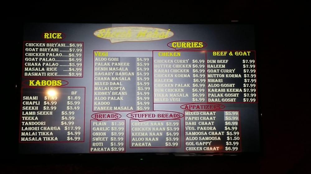 Menu at Sheesh Mahal restaurant, Oklahoma City