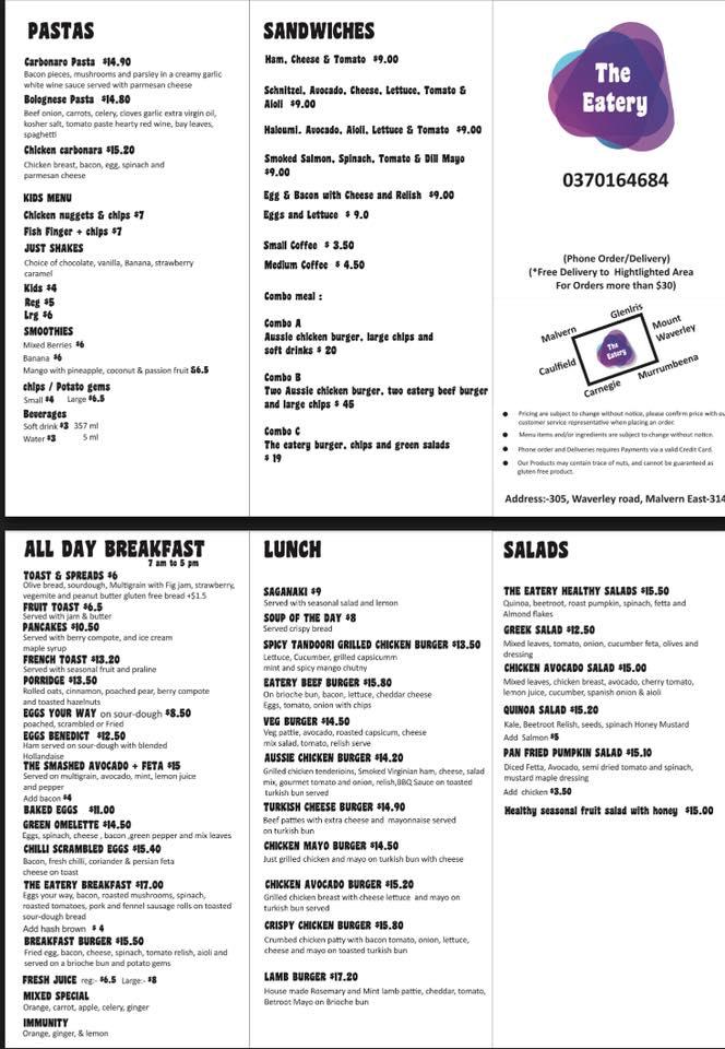 Menu at The Eatery Cafe, Malvern East