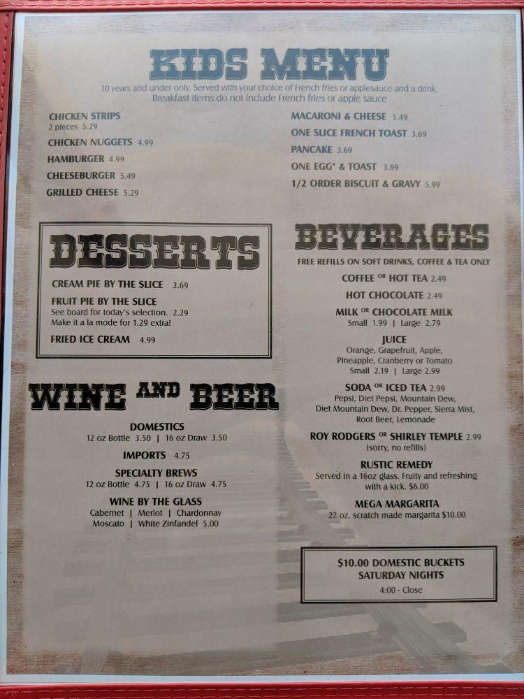 Menu at The Rustic restaurant, Fort Calhoun
