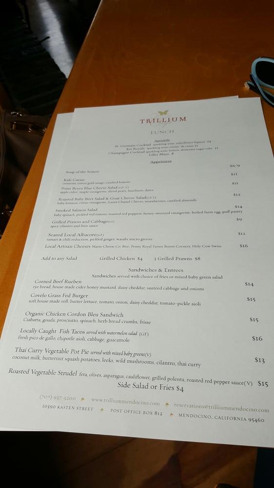 Menu at Trillium Cafe & Inn, Mendocino