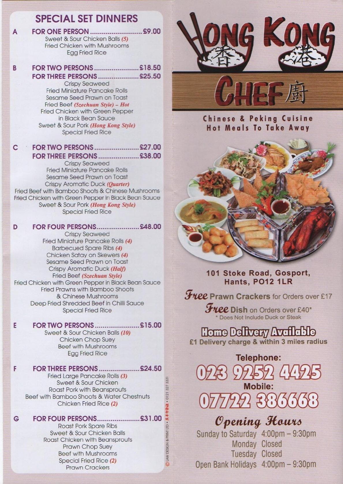 Menu at Hong Kong Chef fast food, Gosport