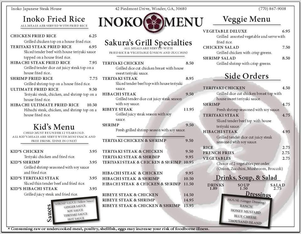 Menu at Inoko Japanese Steakhouse, Winder