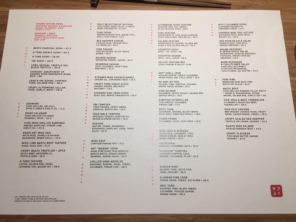 Menu at Kisumé restaurant, Melbourne