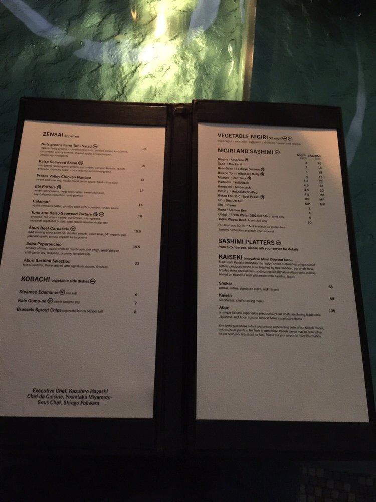Menu at Miku Vancouver restaurant, Vancouver