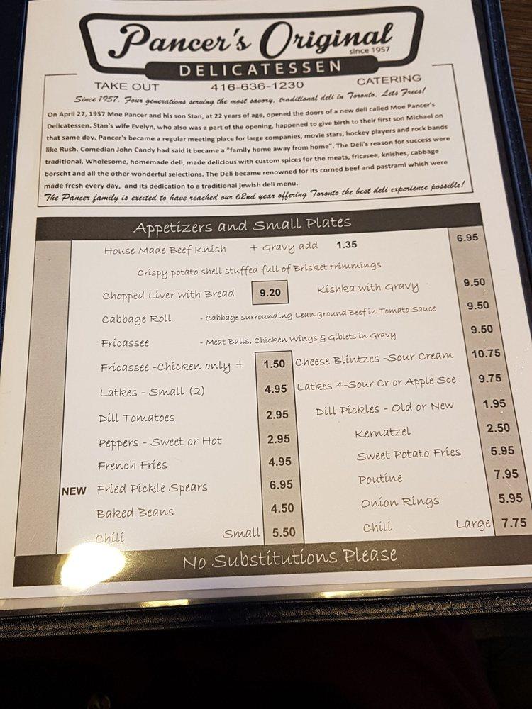 Menu at Pancer's Original Deli restaurant, Toronto