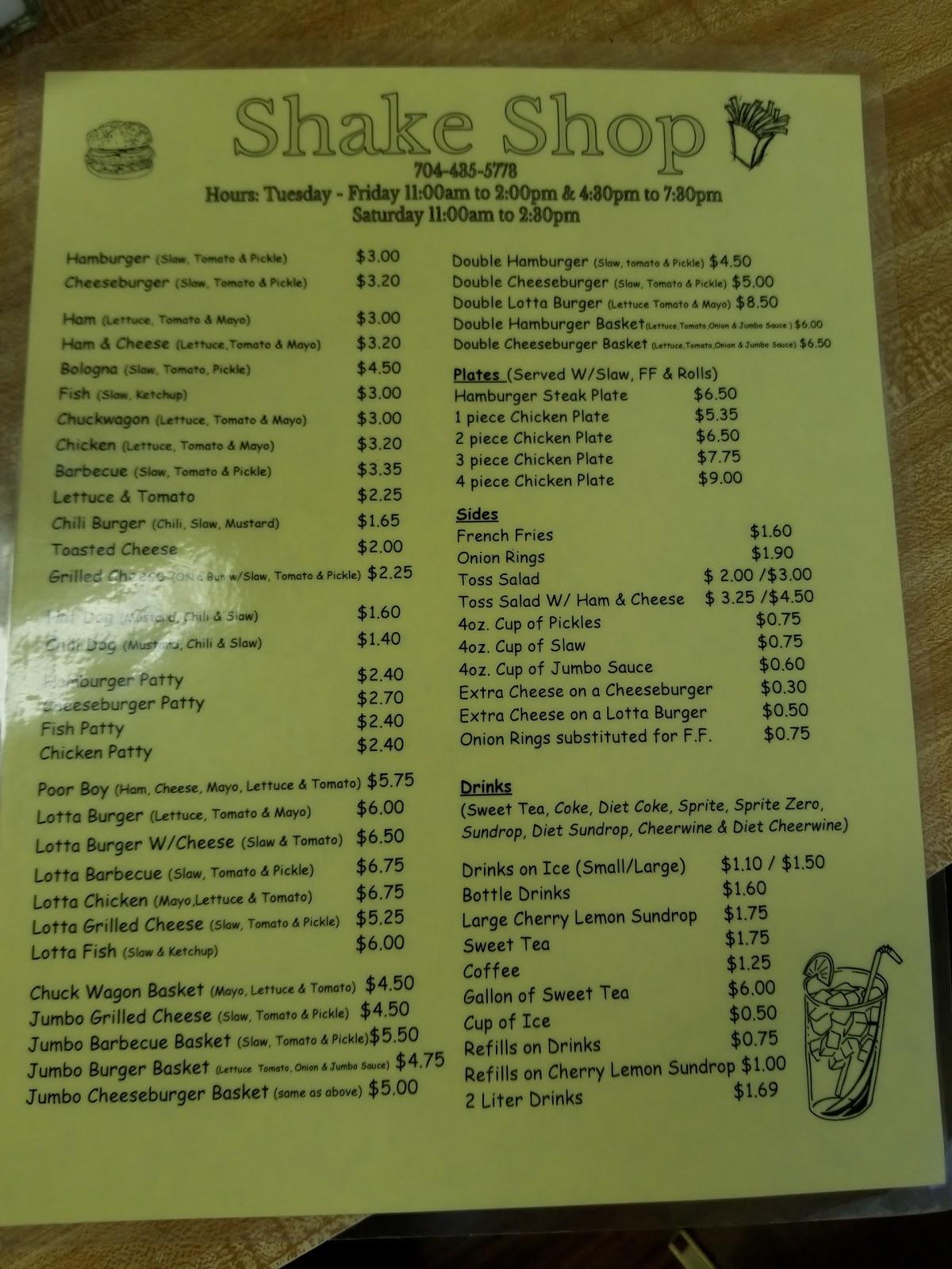 Menu at Shake Shop restaurant, Cherryville