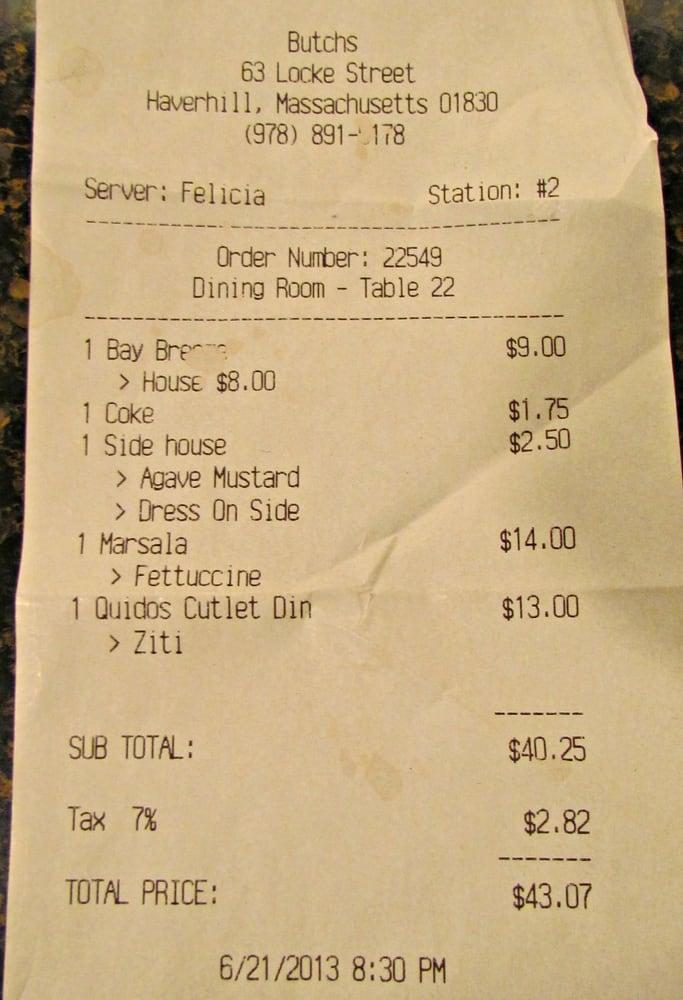 Menu at Butch's Uptown restaurant, Haverhill