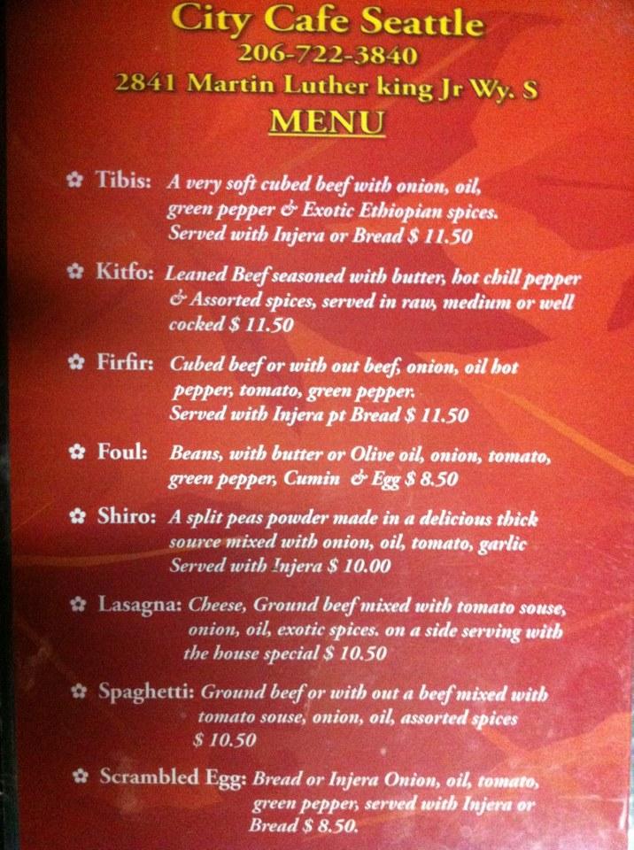 Menu at City Cafe, Seattle